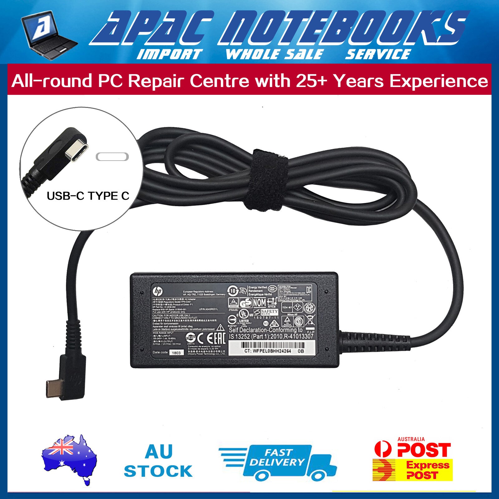 Genuine 45W USB Type-C AC Adapter Charger HP SPECTRE x2 12-A003TU P7F6 ...